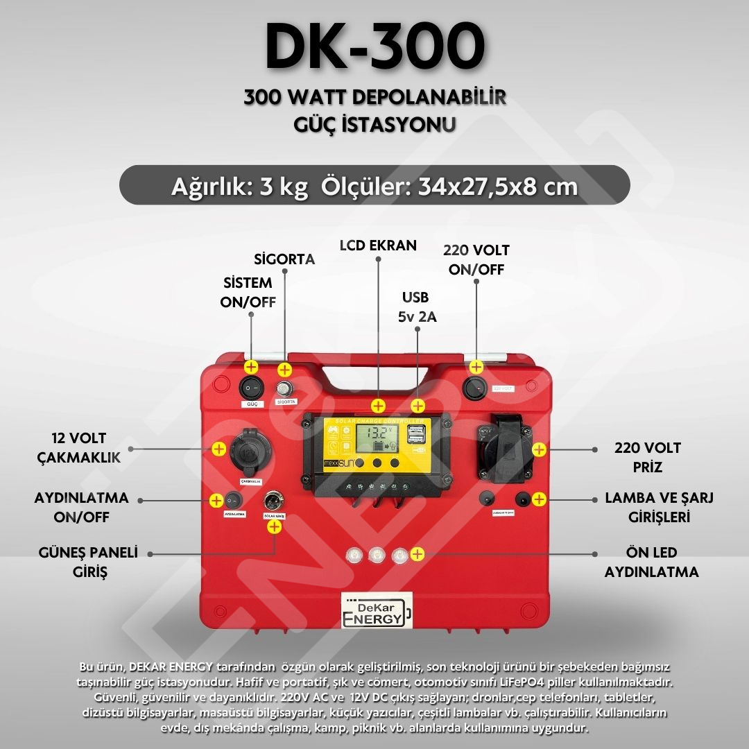 Taşınabilir Güç Kaynağı DK-300 + 50 Watt Güneş Paneli